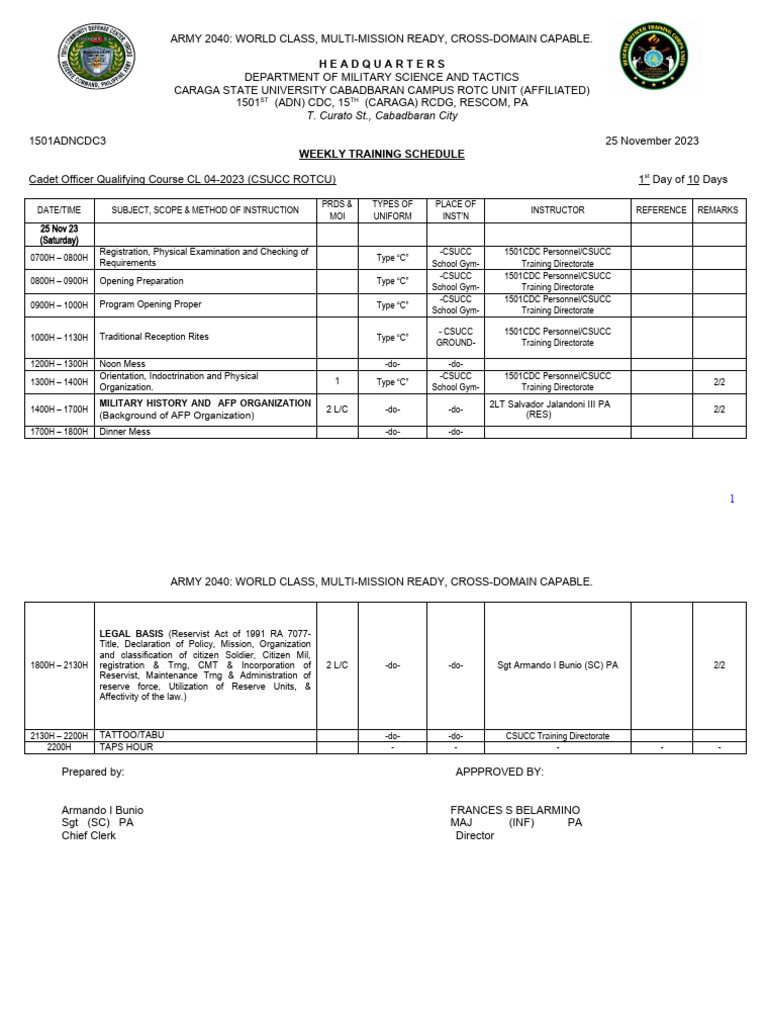 COQC Weekly Training Schedule 2023 | PDF | Sergeant | Marksman