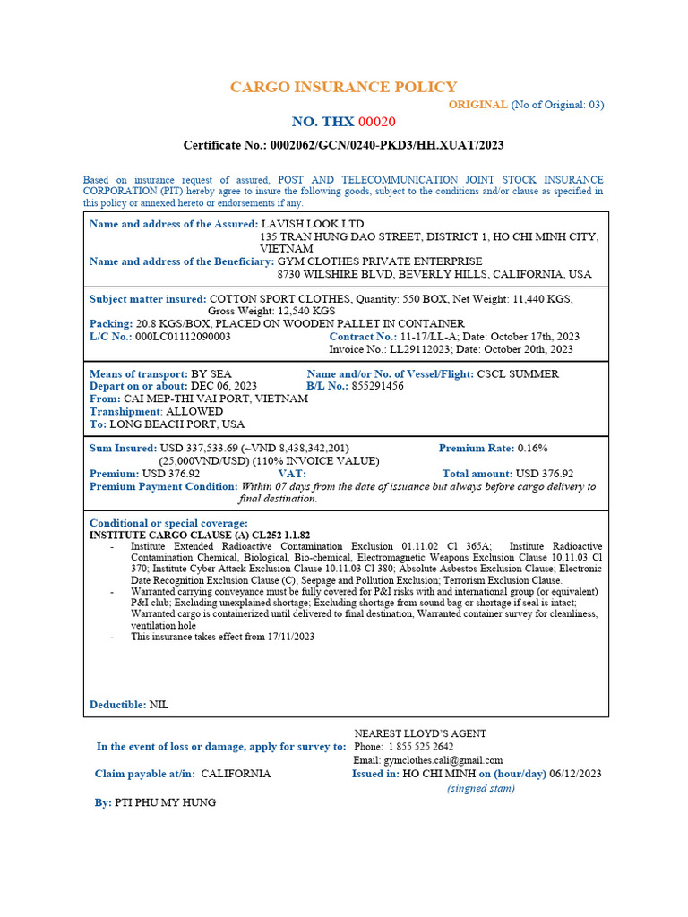 Cotton Sportswear Cargo Insurance | PDF