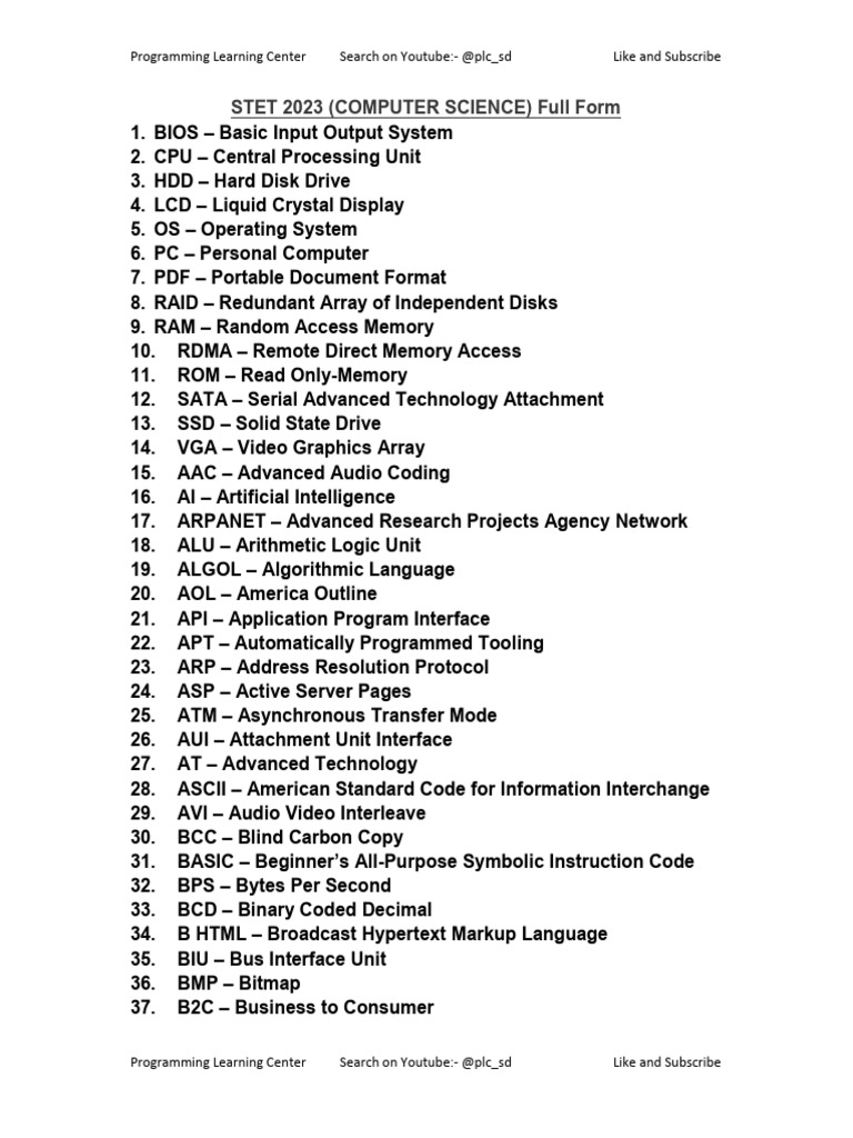 Stet 2023 (Computer Science) Full Form: Programming Learning Center ...