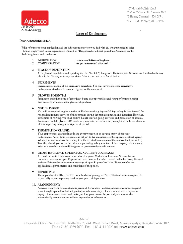 Adecco Offer Letter | Download Free PDF | Employment | Insurance