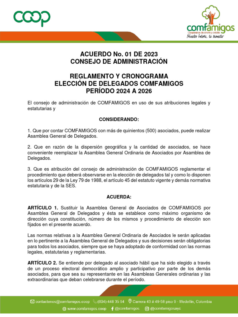 Reglamento y Cronograma Eleccion de Delegados Periodo 2024 A 2026 Comfamigos Dic 2023 | PDF ...