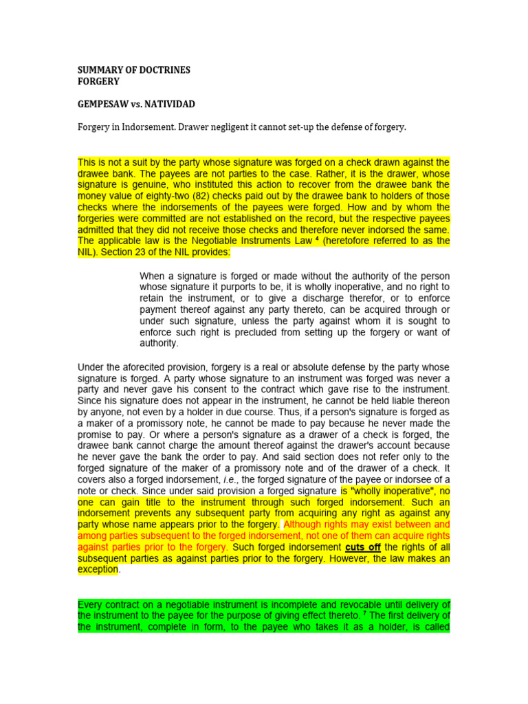 C. FORGERY Summary of Doctrines | PDF | Cheque | Negotiable Instrument