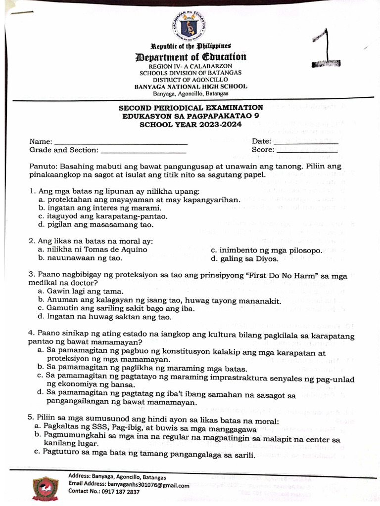 EsP9 Second Periodical Exam 23-24 | PDF