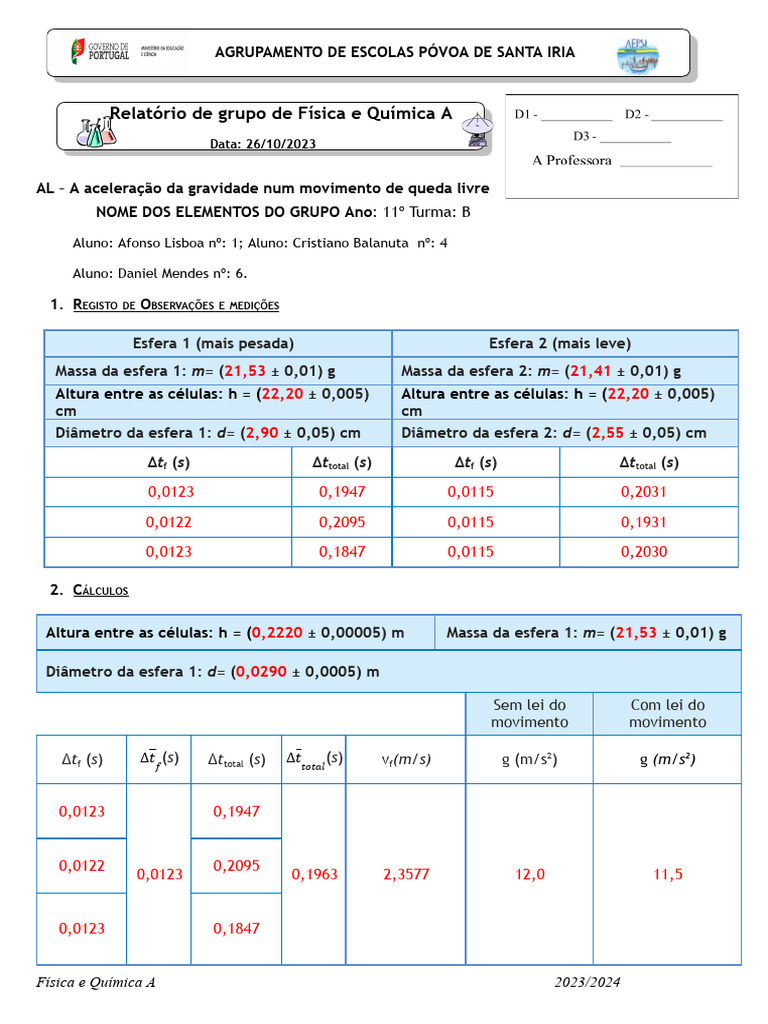 Relatório - AL - Queda Livre | PDF | Ciências Físicas | Física