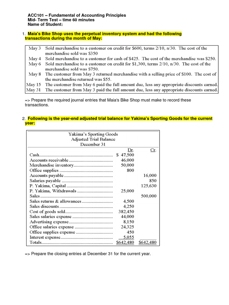 Accounting Principles Midterm Tasks | PDF