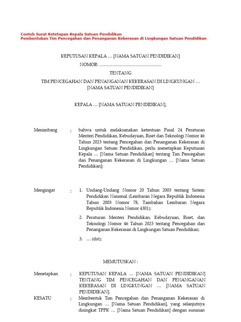 Lampiran 2 - Contoh SK Kepala Satuan Pendidikan Pembentukan TPPK (File ...