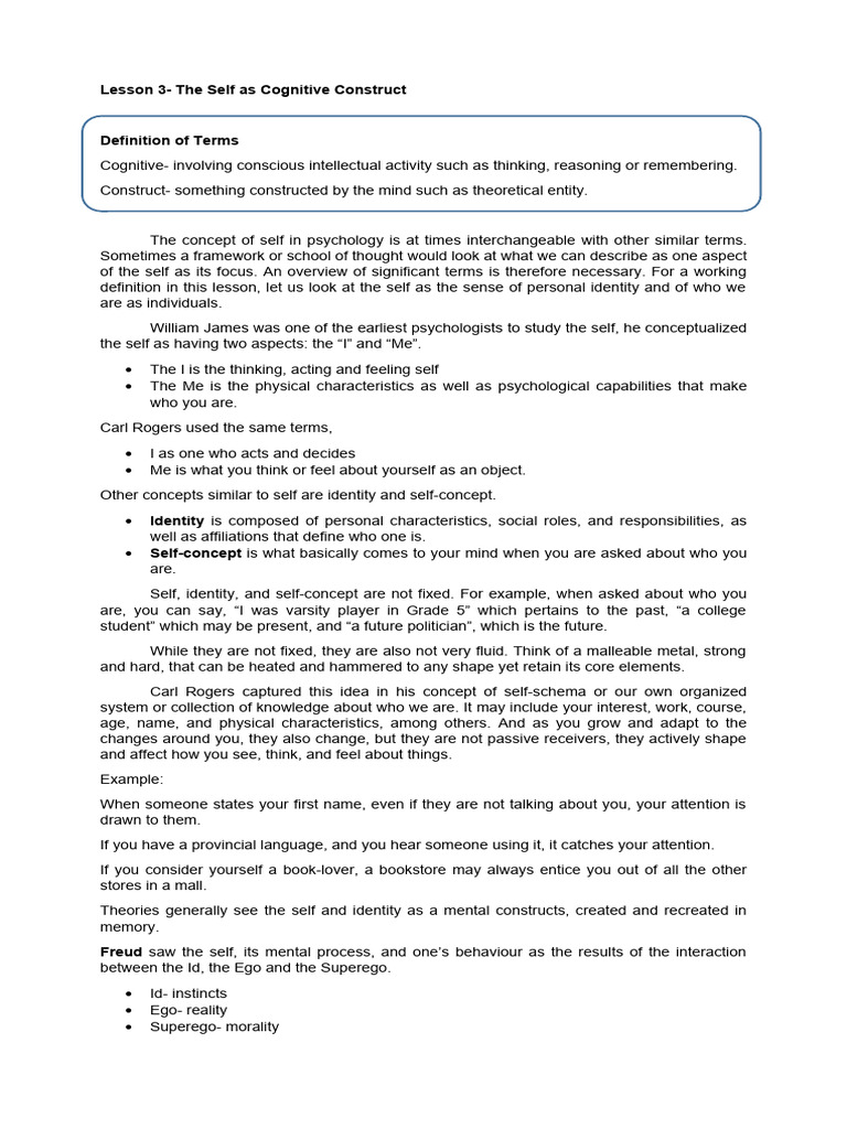 Lesson 3 The Self As Cognitive Construct New | PDF | Self Concept | Id