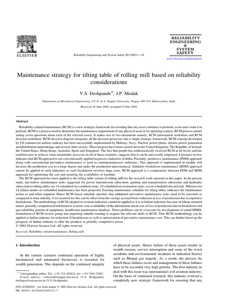 (Journal) Deshpande2003 - Maintenance Strategy For Tilting Table of Rolling Mill Based On ...