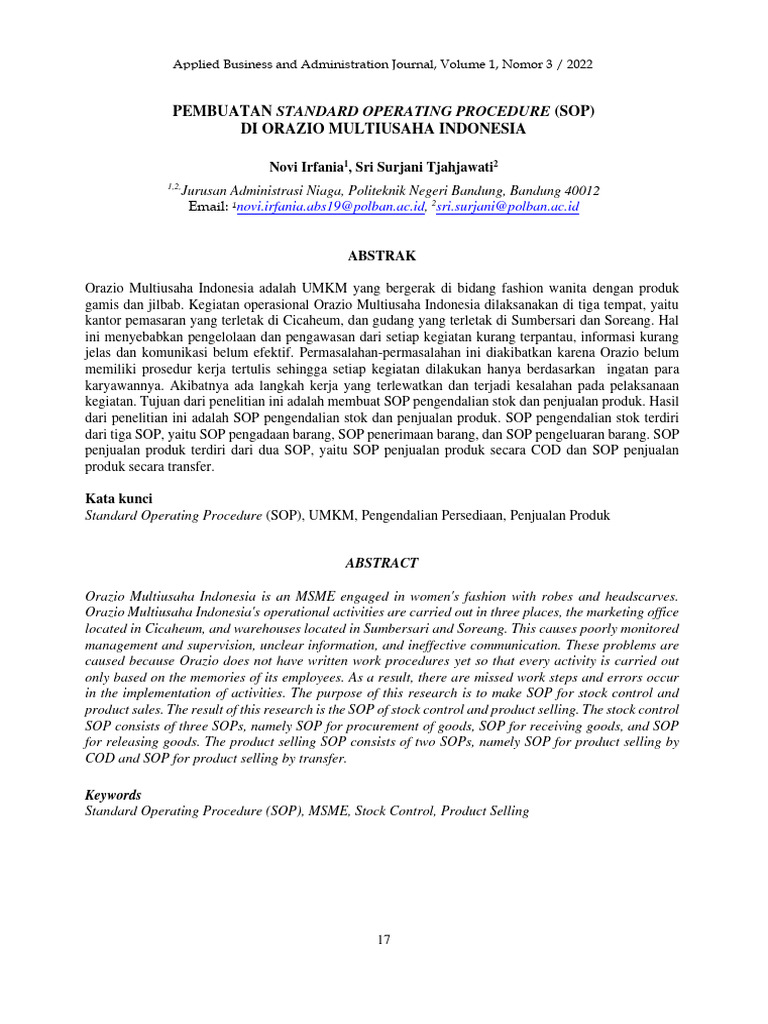 Pembuatan Standard Operating Procedure (Sop) Di Orazio Multiusaha ...
