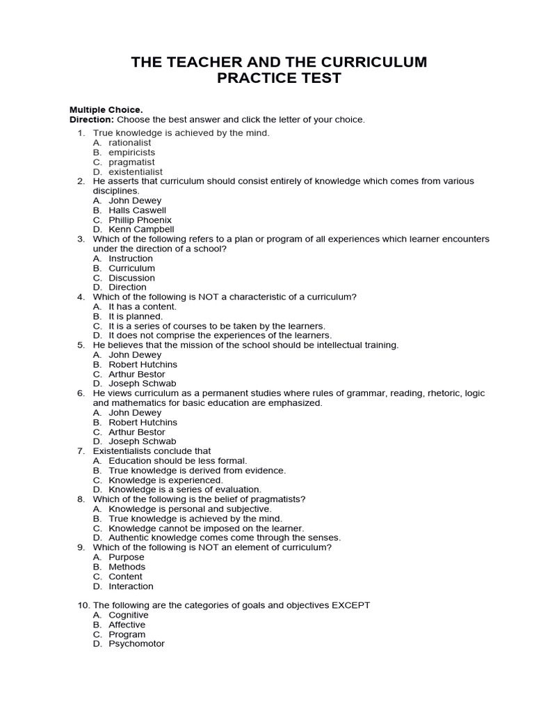 PRACTICE TEST TEACHER AND CURRICULUM | PDF | Curriculum | Evaluation
