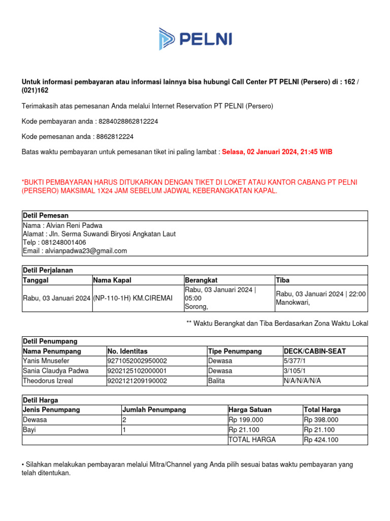 Konfirmasi Pemesanan Tiket PELNI | PDF