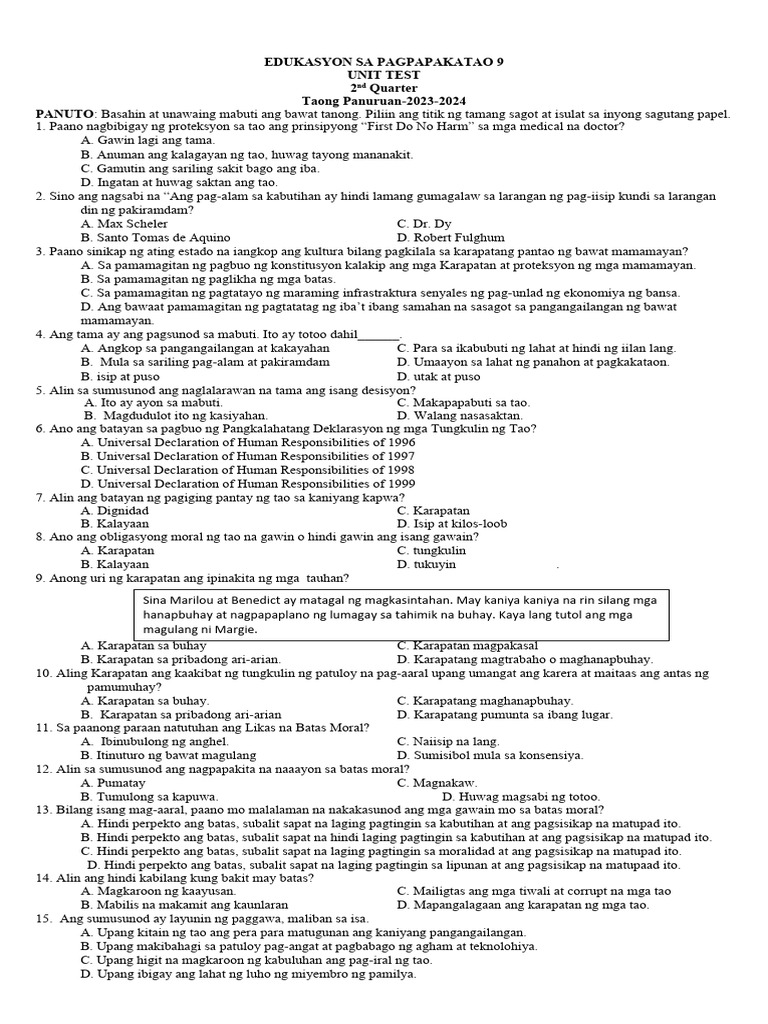 UNIT TEST IN ESP 9 2nd Quarter | PDF