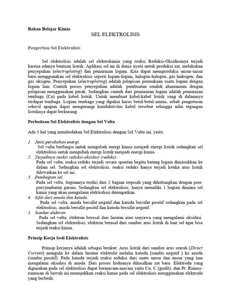 Bahan Belajar Sel Elektrolisis | PDF