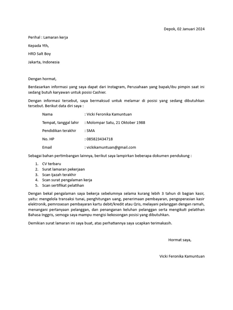 Surat Lamaran Salt Boy | PDF