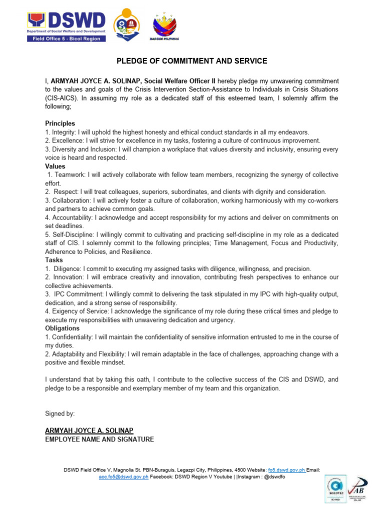 Commitment Pledge of Social Welfare Officer | PDF | Diversity (Business ...