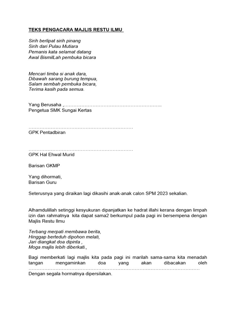 Teks Pengacara Majlis Restu Ilmu 2023 | PDF