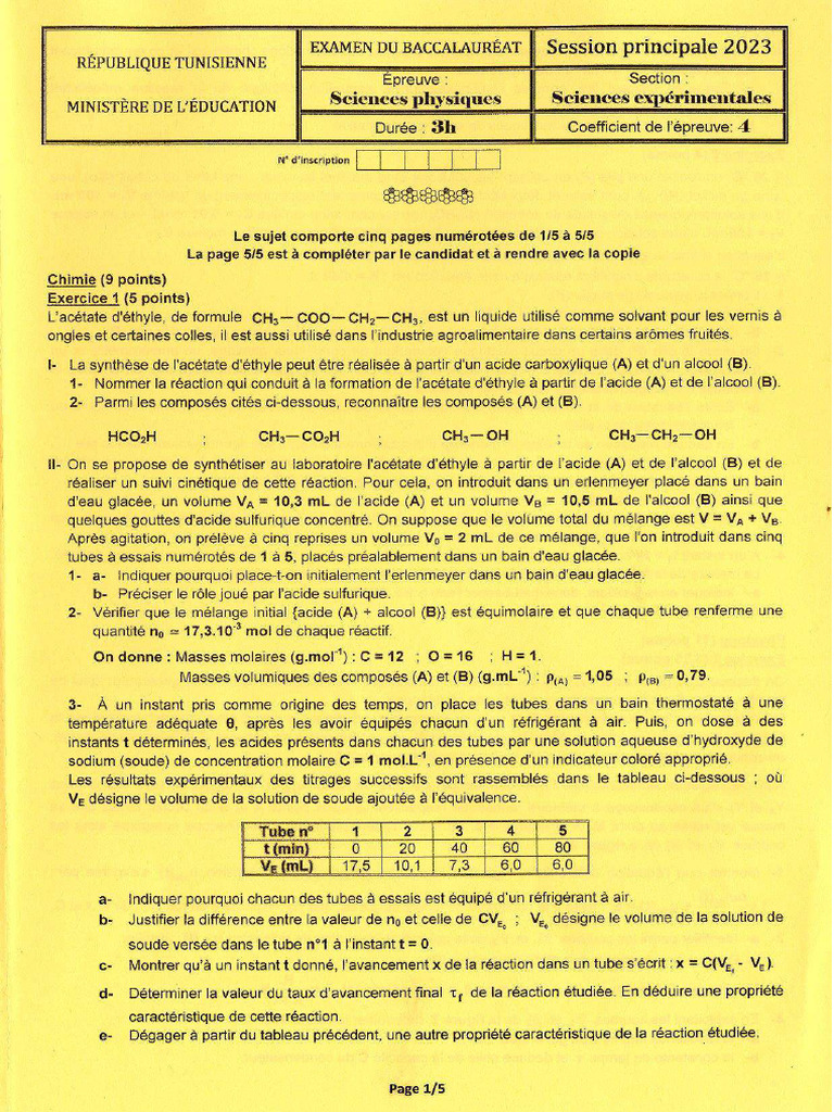 Bac Sciences Experimentales 2023 Sciences Physiques Principale | PDF