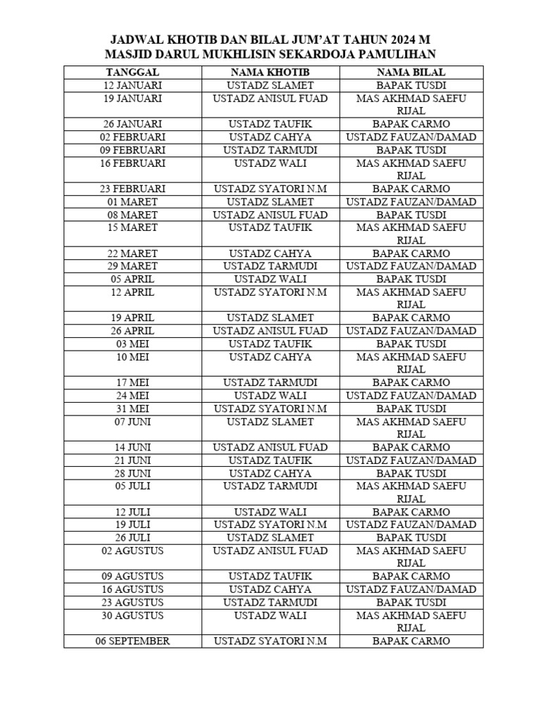 Jadwal Khotib Dan Bilal Masjid Darul Mukhlisin 2024 | PDF