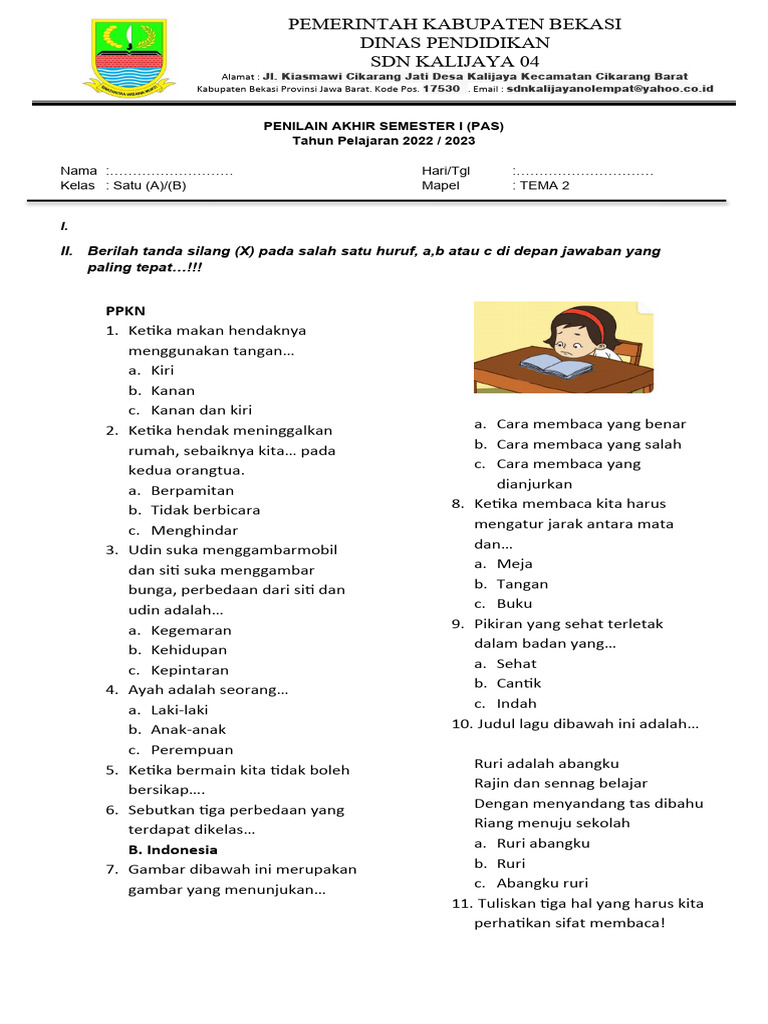 SOAL (PAS) Kelas 1 Tema 1 | PDF