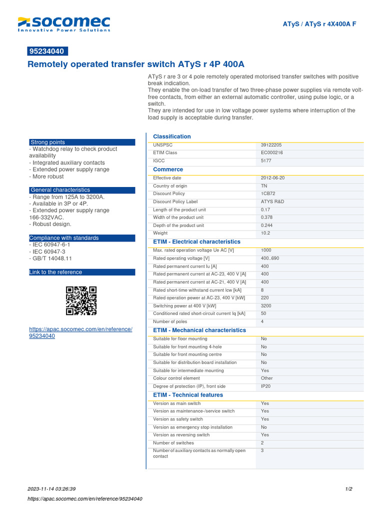Remotely Operated Transfer Switch Atys R 4P 400A: Strong Points | PDF