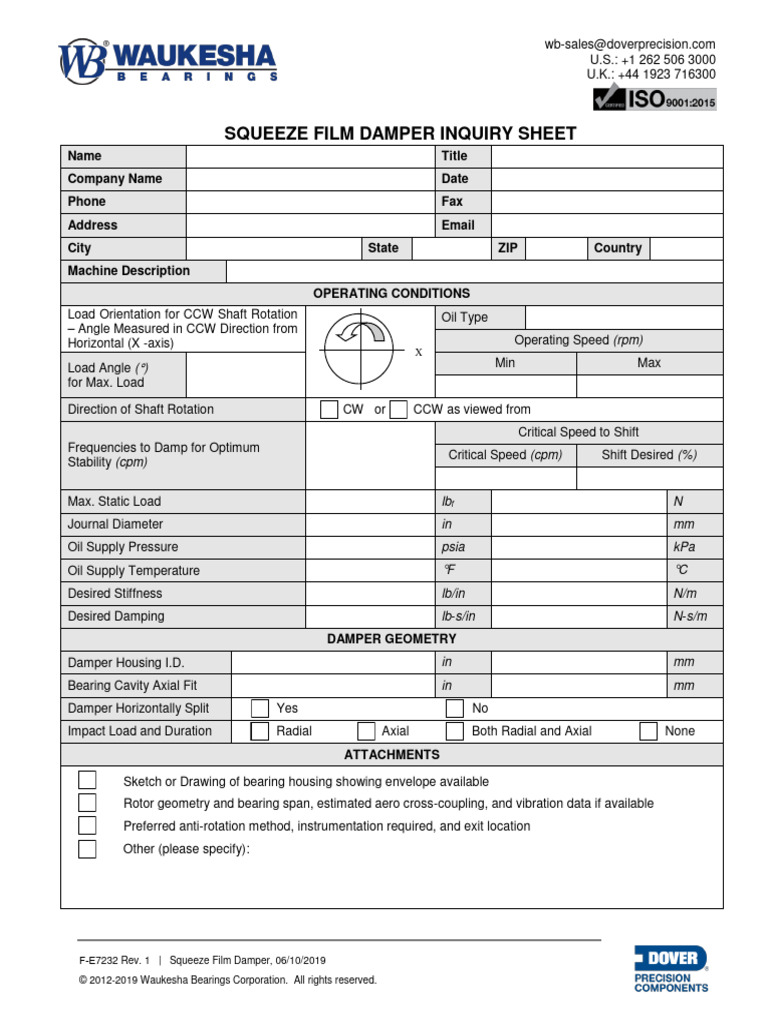 Squeeze Film Damper Inquiry Form | PDF | Bearing (Mechanical ...