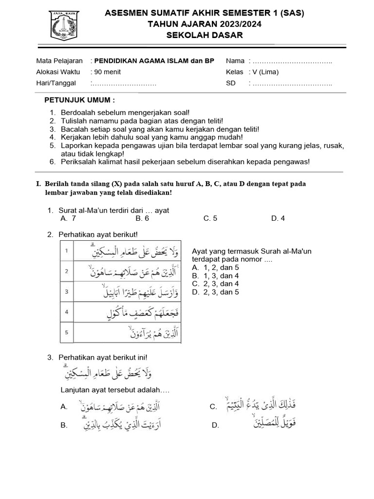Naskah Soal Sas KLS 5 | PDF