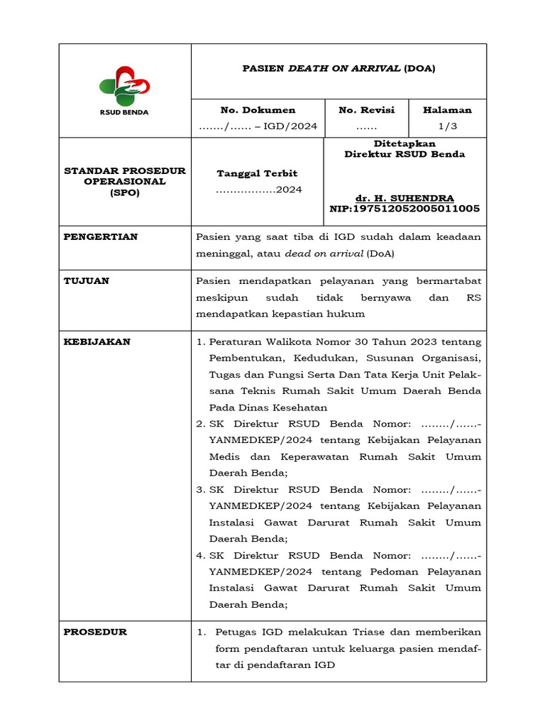 Prosedur Penanganan Pasien DOA di IGD | PDF