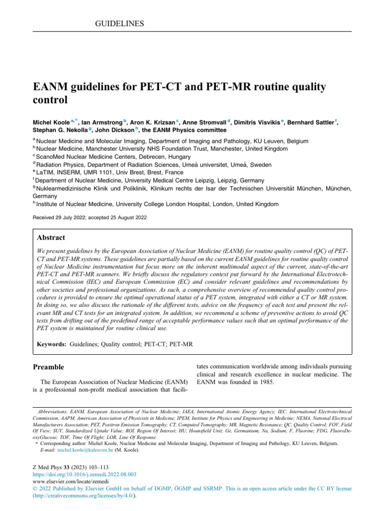 EANM Guidelines For PET-CT and PET-MR Routine Quality 2022-23 | PDF | Positron Emission ...