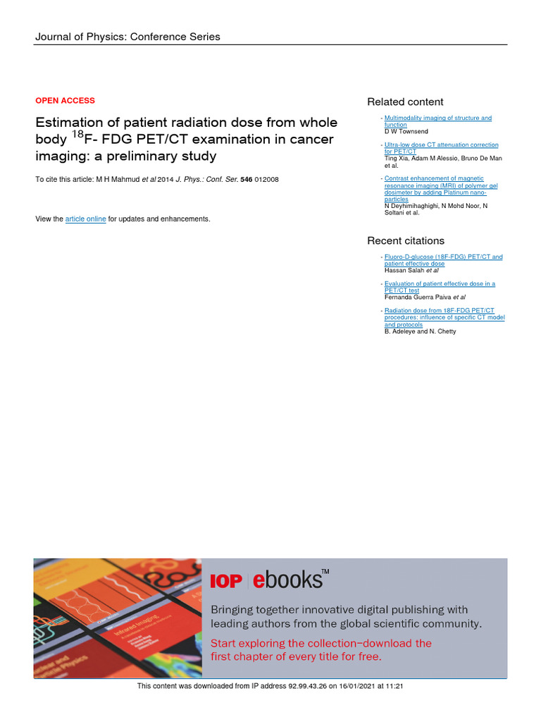 Patient Radiation Dose in 18F-FDG PET/CT | PDF | Positron Emission ...