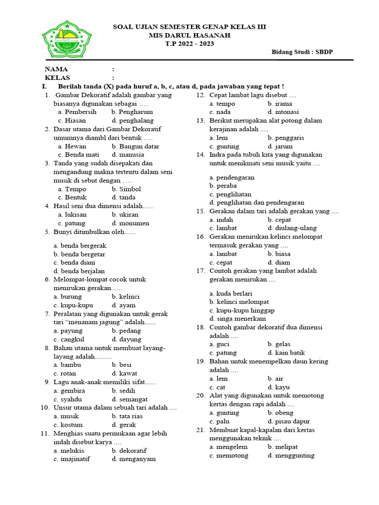 Soal Ujian Semester Ganjil Kelas Iii SBDP | PDF