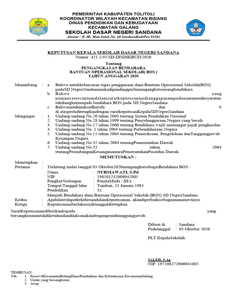 Contoh SK Bendahara Sekolah SD - Dikdasmen - Info | PDF
