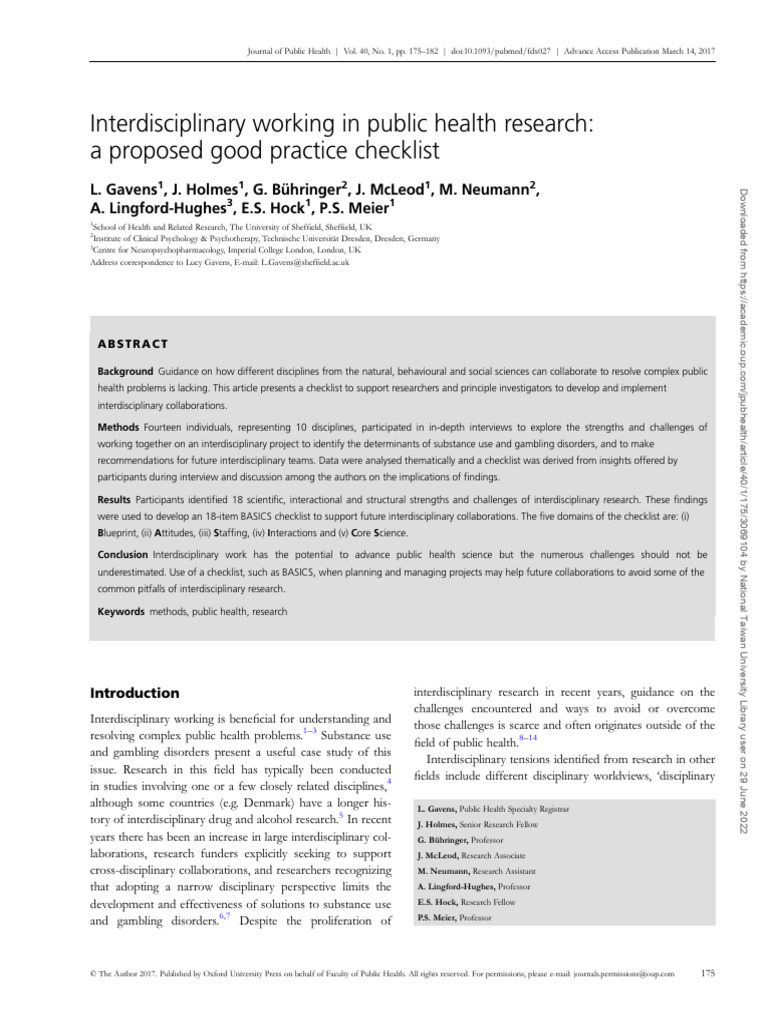 2017, Interdisciplinary Working in Public Health Research | PDF ...