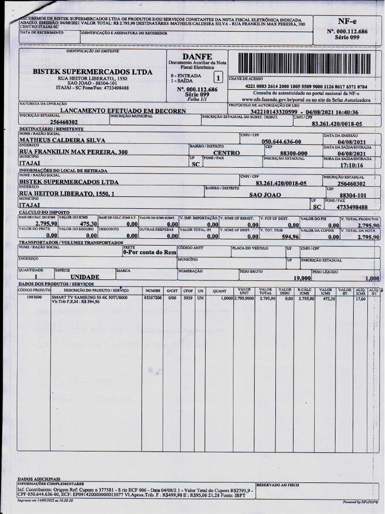 Nota Fiscal TV Samsung | PDF