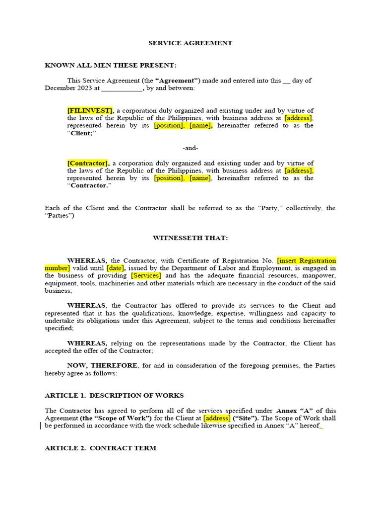 SERVICE AGREEMENT - Tree Cutting Service | PDF | Employment | Legal ...