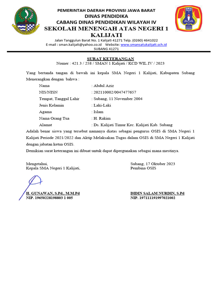 Surat Keterangan Ketua OSIS | PDF