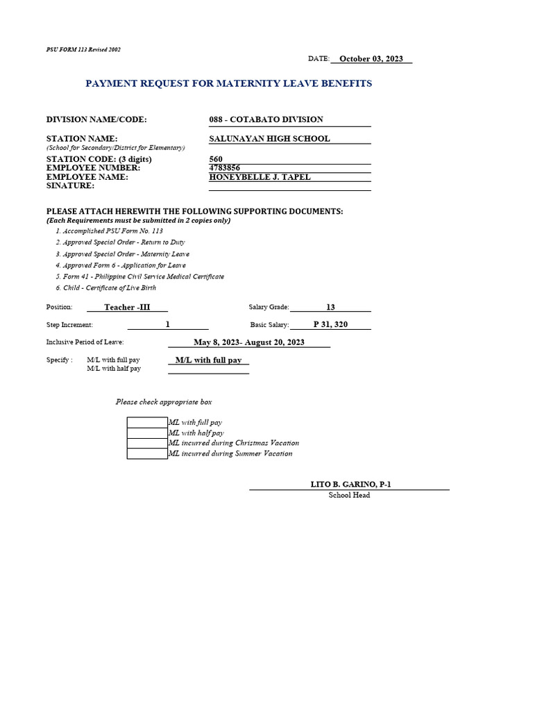 Maternity Leave Benefits Request Form | PDF