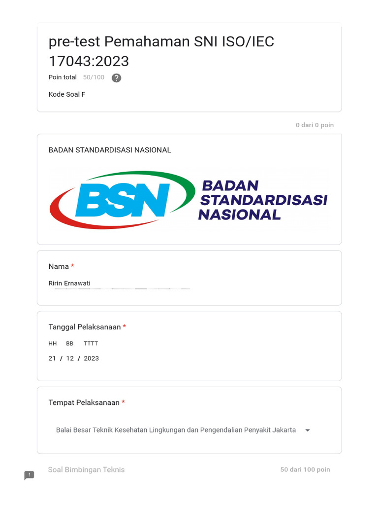 Pre-Test Pemahaman SNI ISO - IEC 17043 - 2023 | PDF