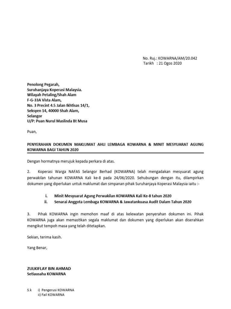 Surat Permohonan Maaf Kelewatan Dokumen | PDF