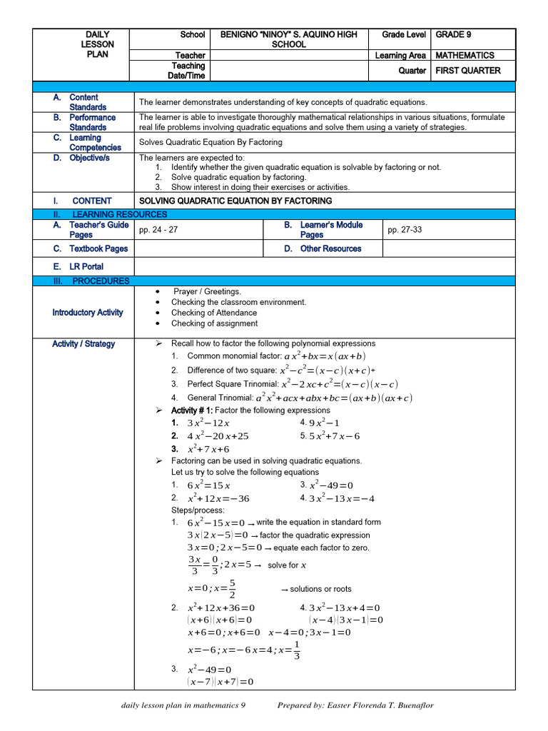 Q1 L3 - Solving Quadratic Equation by Factoring | PDF | Quadratic ...