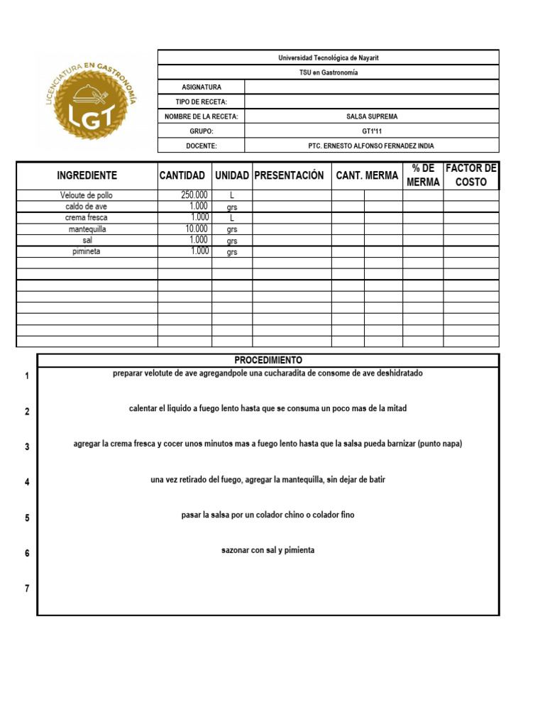 Salsa Suprema: Receta y Procedimiento | PDF
