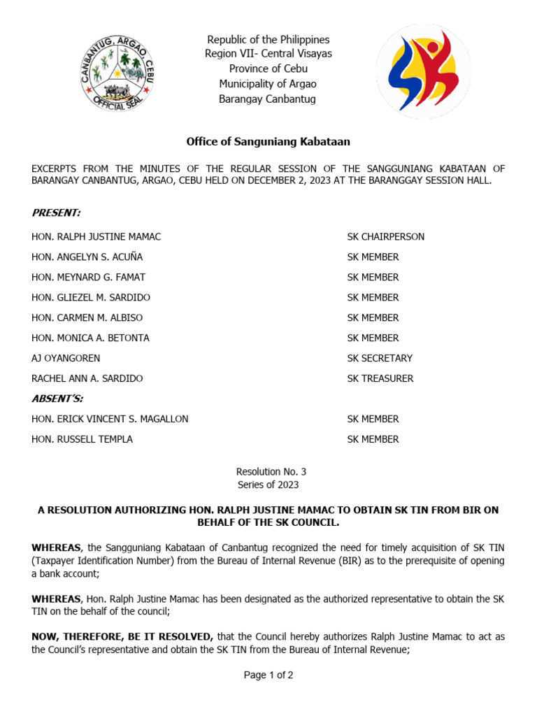 Reso To Allow SK To GET SK TIN | PDF | Government