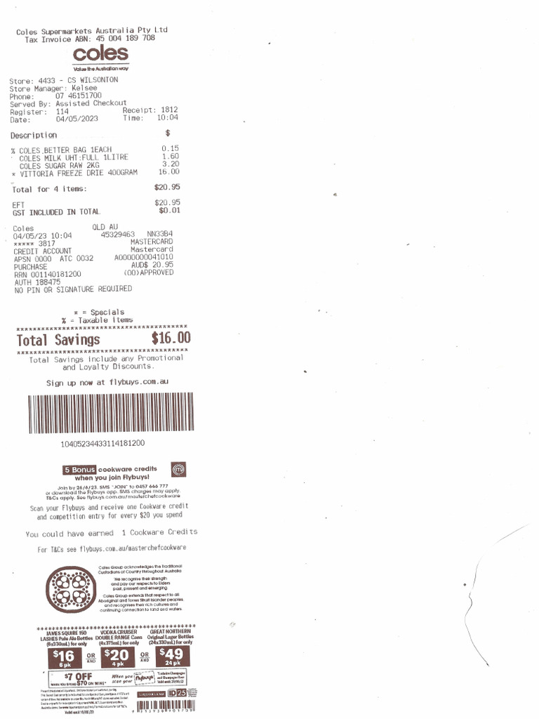 23 05 04 Coles Receipt | PDF