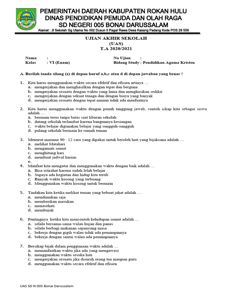 Soal Uas Pa Kristen 2020-2021 | PDF