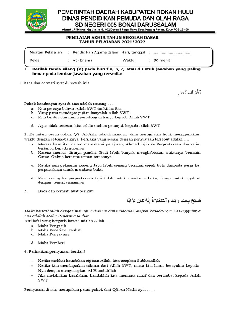 Soal Uas Agama 2022 Kelas 6 | PDF | Seni & Disiplin Bahasa | Kajian Bahasa Asing