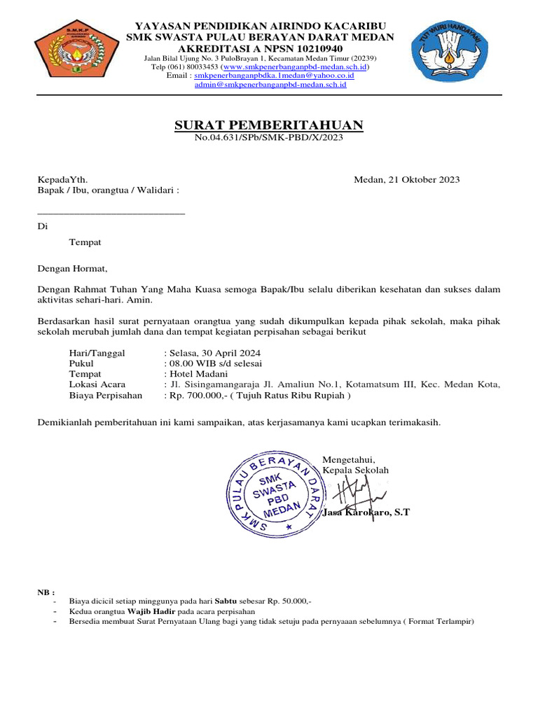 Surat Pemberitahuan Perpisahan Kelas Xii AP-Ae 2023 Revisi | PDF