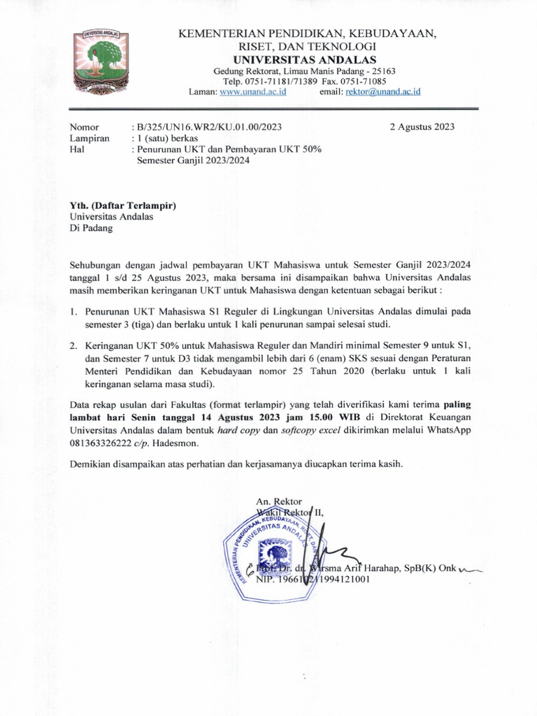 Surat Penurunan UKT Dan Pembayaran UKT 50% | PDF