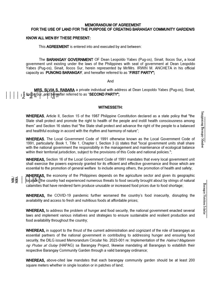 Draft Memorandum of Agreement On Hapag Project | PDF | Food Security