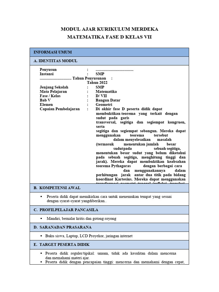 Modul Ajar Matematika Kelas 7 Bab 5 Fase D | PDF
