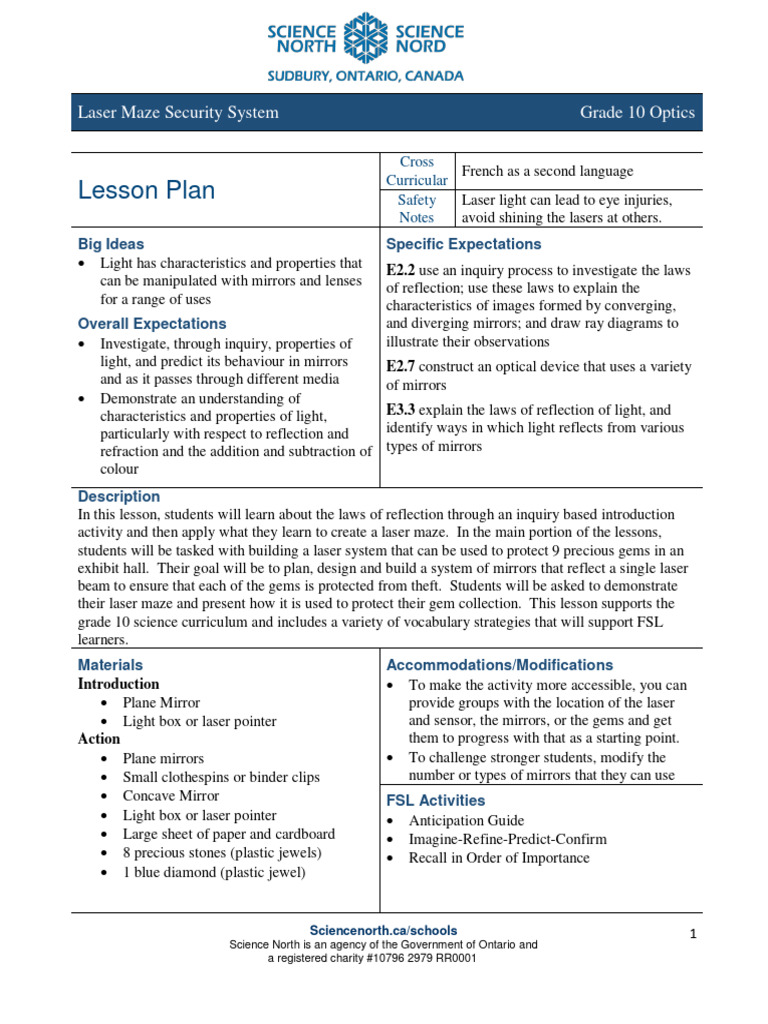 Laser Maze Lesson Plan | PDF | Mirror | Reflection (Physics)
