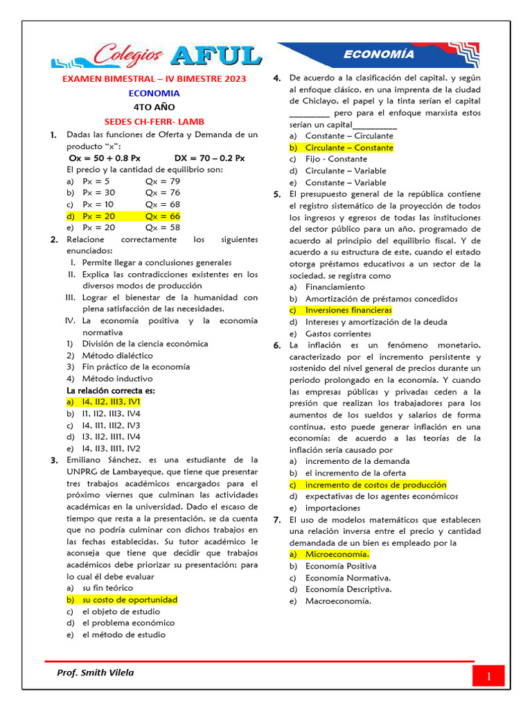 Preguntas Examen Bimestral Economia - IV Bimestre | PDF | Oferta (economía) | Precios